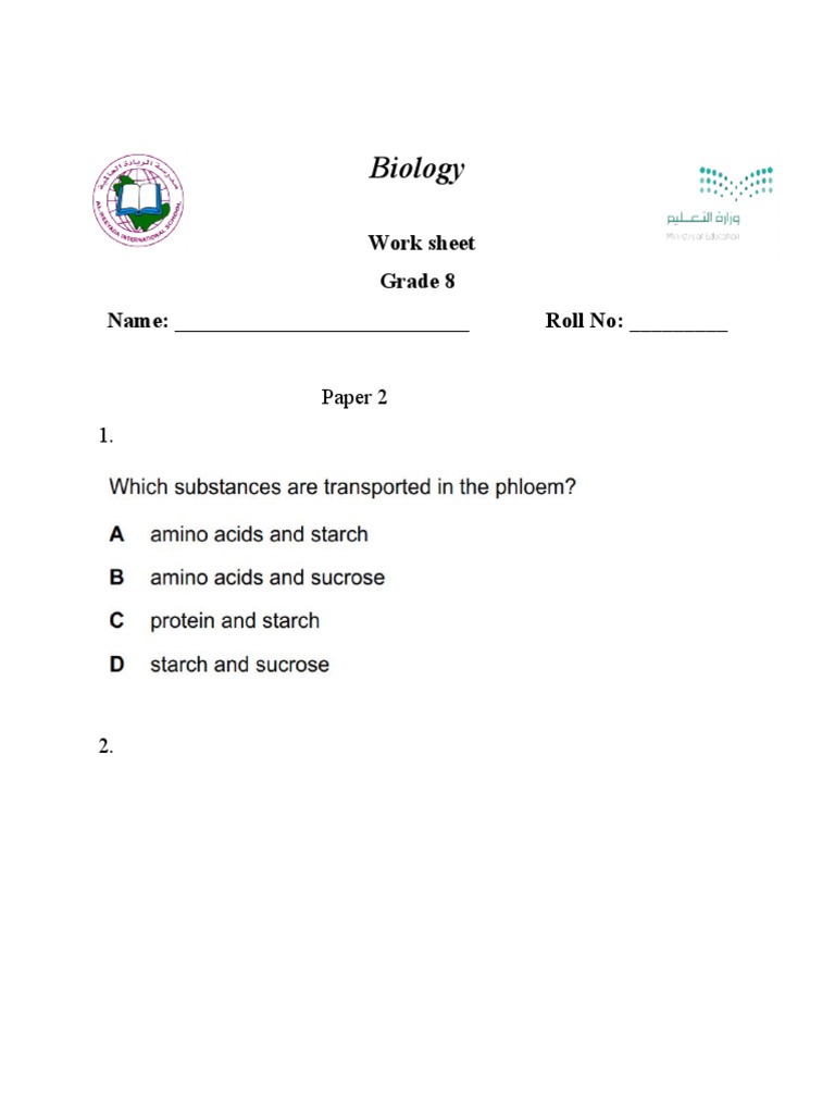Biology: Work Sheet Grade 8 Name: - Roll No | PDF