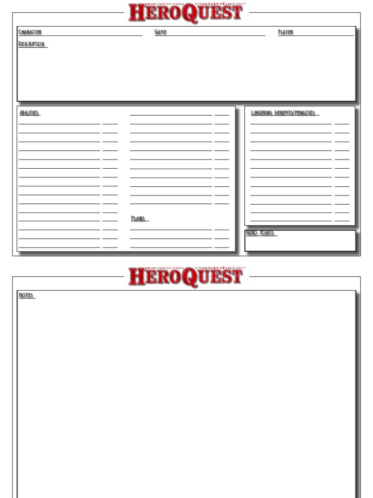 Heroquest Character Sheet Template | PDF