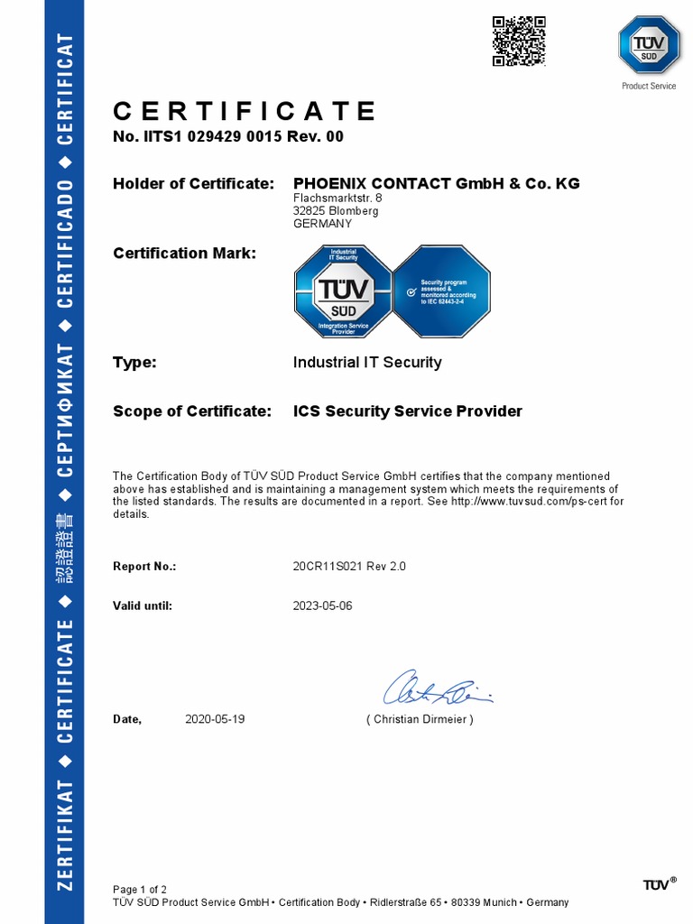 Certificate IEC 62443-2-4 PDF | PDF