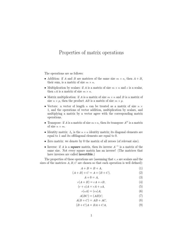 Properties of Matrix Operations | PDF | Matrix (Mathematics) | Operator ...