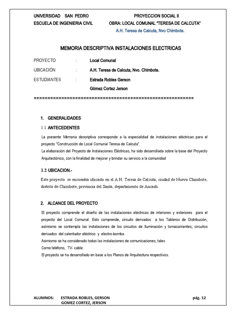 Memoria Descriptiva de Instalaciones Electricas | PDF | Electricidad | Ingenieria Eléctrica