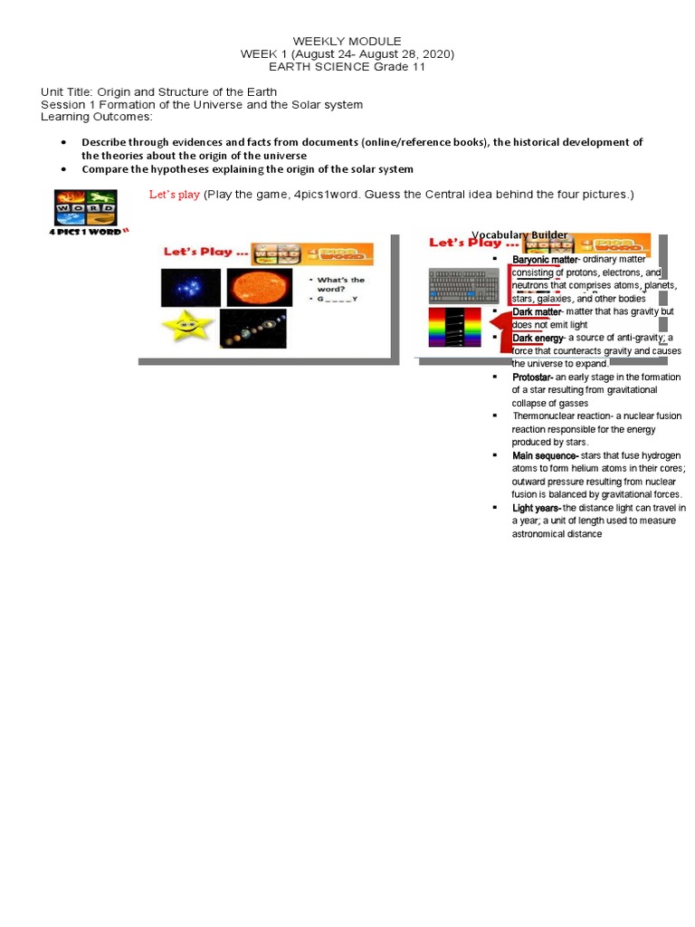WEEKLY MODULE 1 Earth Science | PDF | Stars | Nuclear Fusion