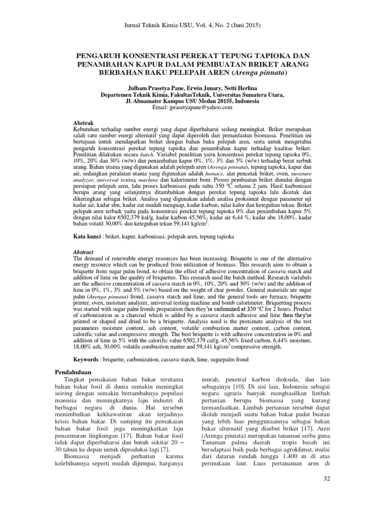 Pengaruh Konsentrasi Perekat Tepung Tapioka Dan Penambahan Kapur Dalam Pembuatan Briket Arang ...