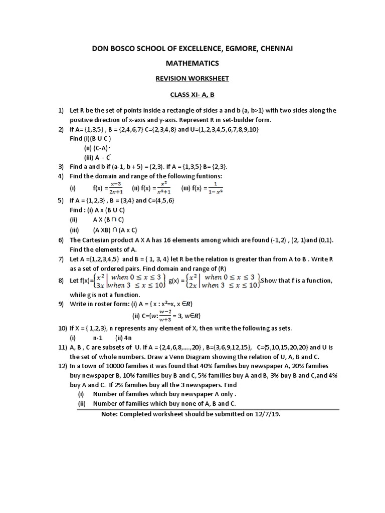 Don Bosco School of Excellence, Egmore, Chennai Mathematics: Revision ...