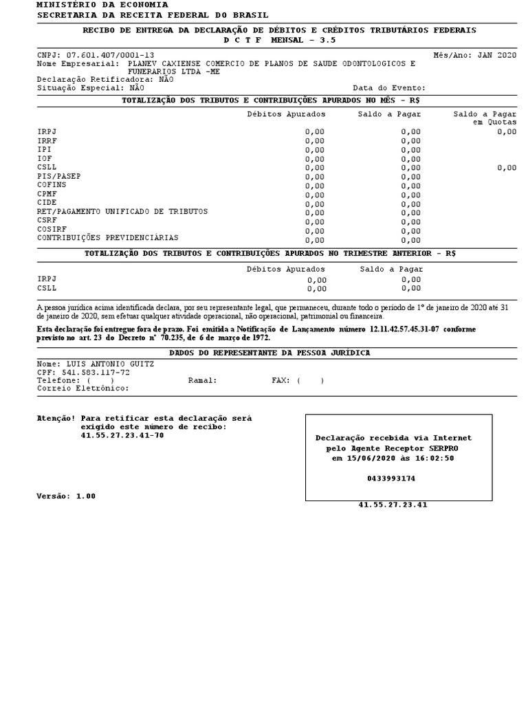 RECIBO DCTF Mensal Jan 2020 PDF | PDF | Imposto de Renda | Governo
