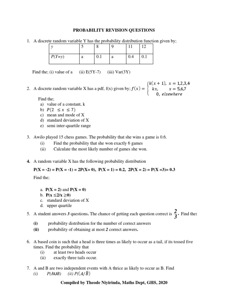 Y P (Y Y) : Probability Revision Questions | PDF | Random Variable ...