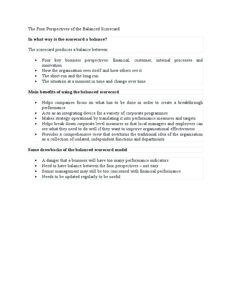 The Four Perspectives of The Balanced Scorecard | PDF