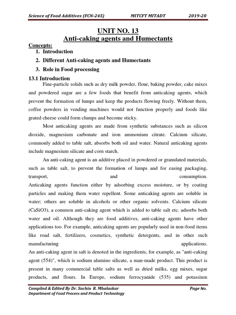 Unit No.13 Anticaking Agents and Humectants PDF | PDF | Salt | Silicon Dioxide