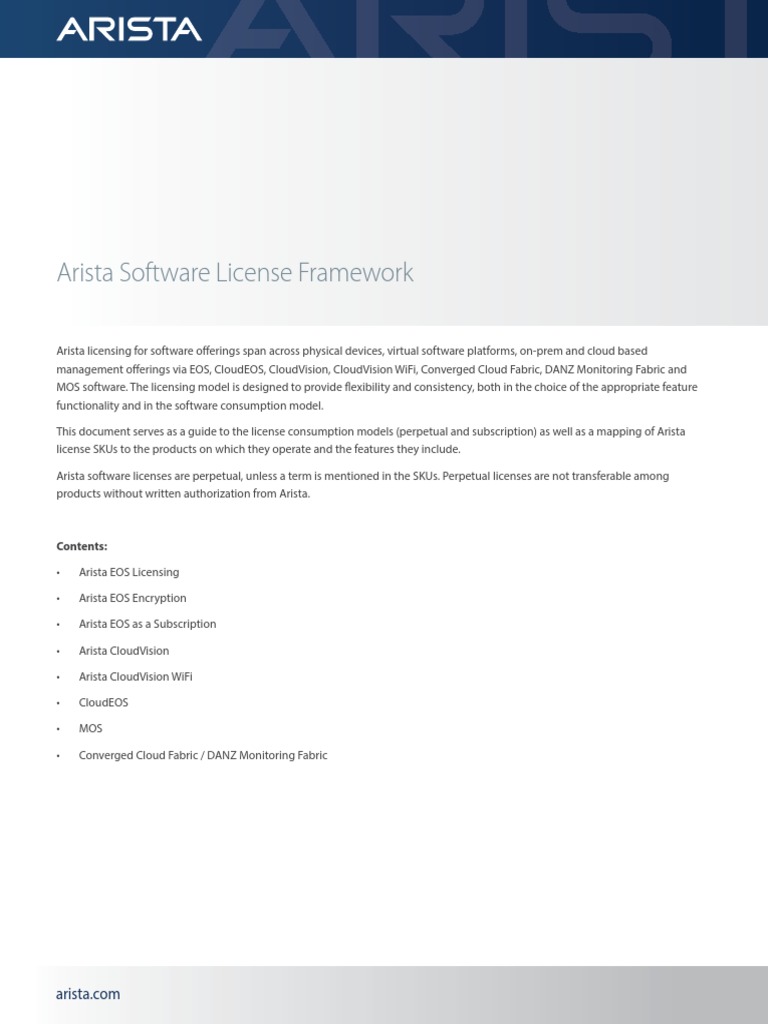 Arista Software License Framework: Contents | PDF | Cloud Computing | Wi Fi
