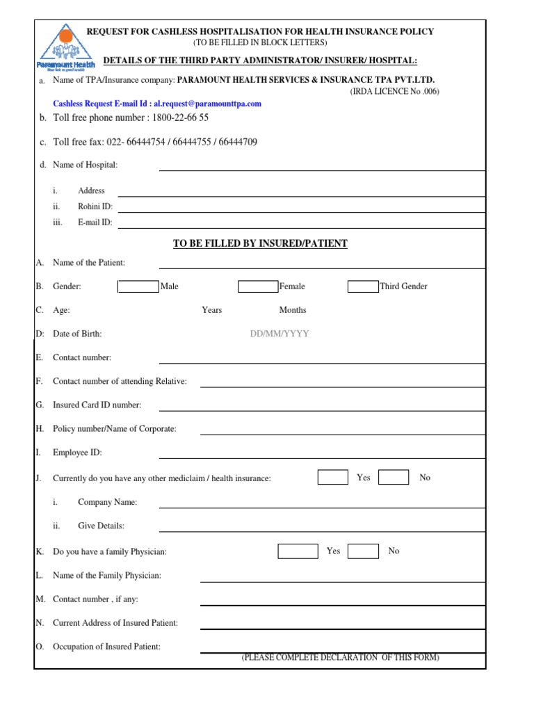Paramount Health TPA Cashless Form | PDF | Insurance | Hospital