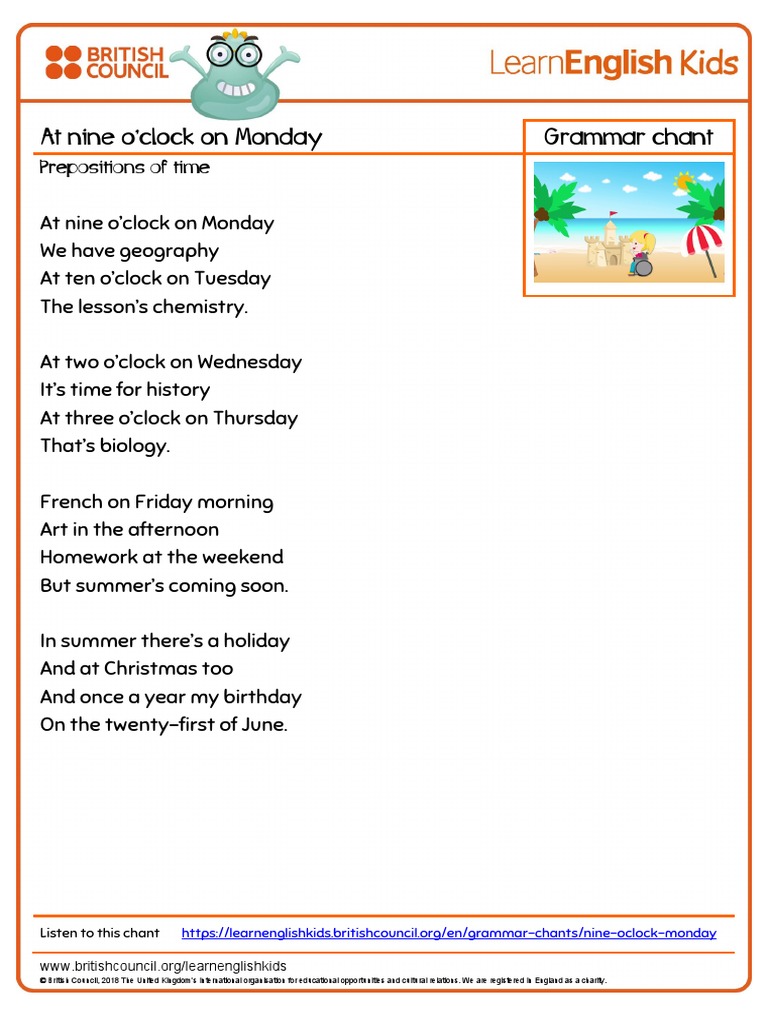 Grammar Chants at Nine Oclock On Monday Lyrics | PDF