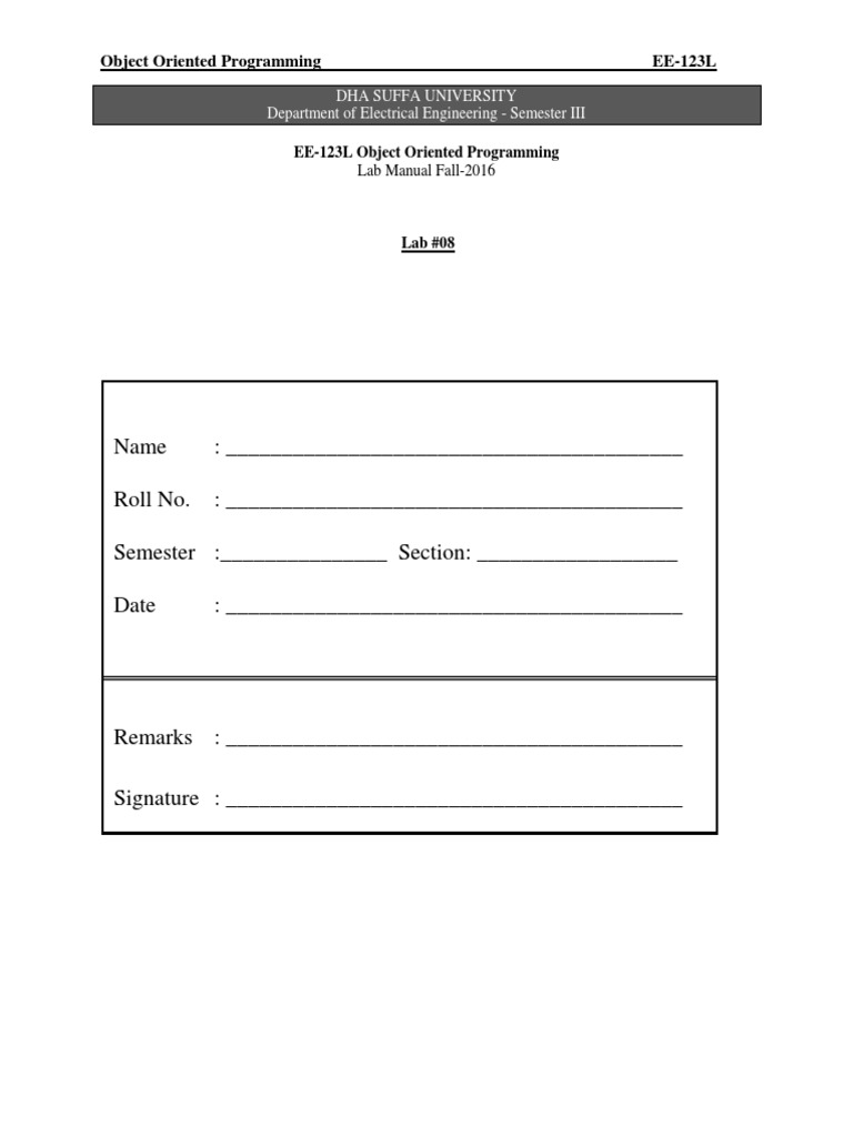 Object Oriented Programming EE-123L: Dha Suffa University Department of Electrical Engineering ...