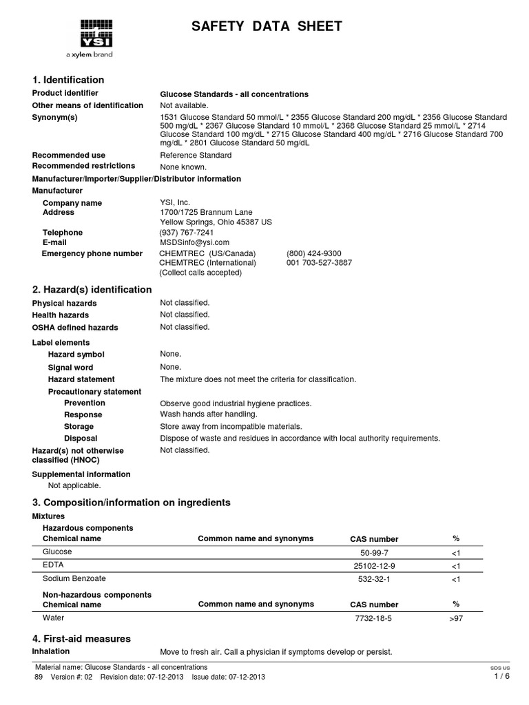 SDS of Glucose Standard | PDF | Personal Protective Equipment | Toxicity