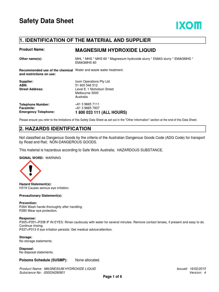 SDS of Magnesium Hydroxide | PDF | Dangerous Goods | Silicon Dioxide