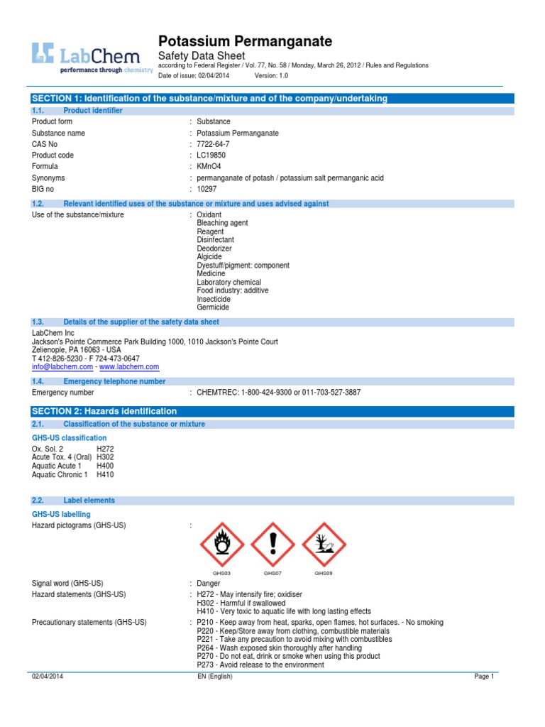 Safety Data Sheet Potassium Permanganate