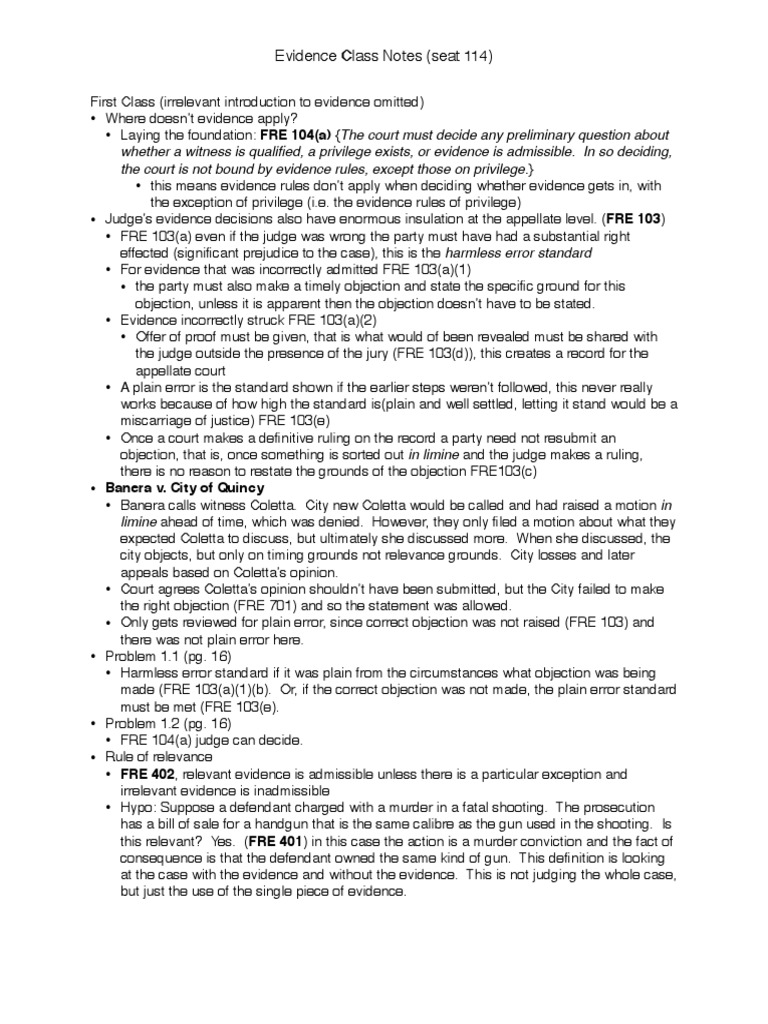 Evidence Class Notes (Seat 114) : Banera v. City of Quincy | PDF ...