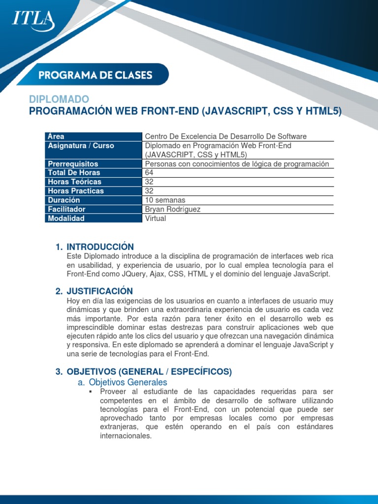 Programa de Clase Del Diplomado Web Front-End (Javascript, CSS3 y HTML5) PDF | PDF | Hojas de ...
