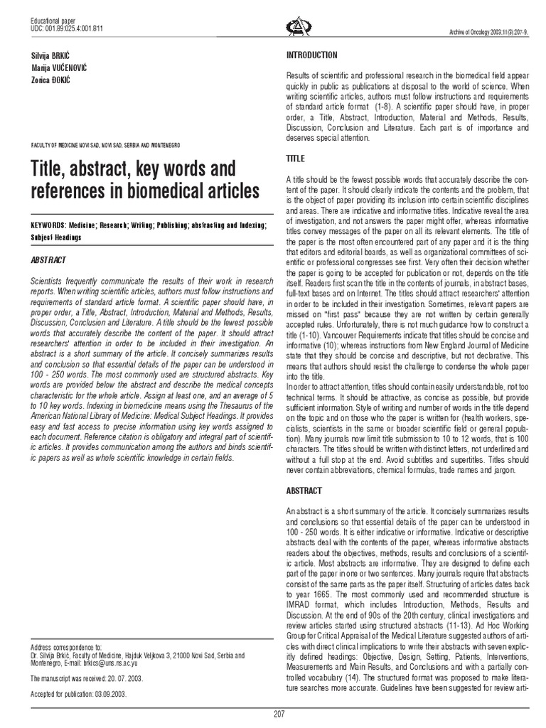 Title, Abstract, Key Words and References in Biomedical Articles | PDF ...