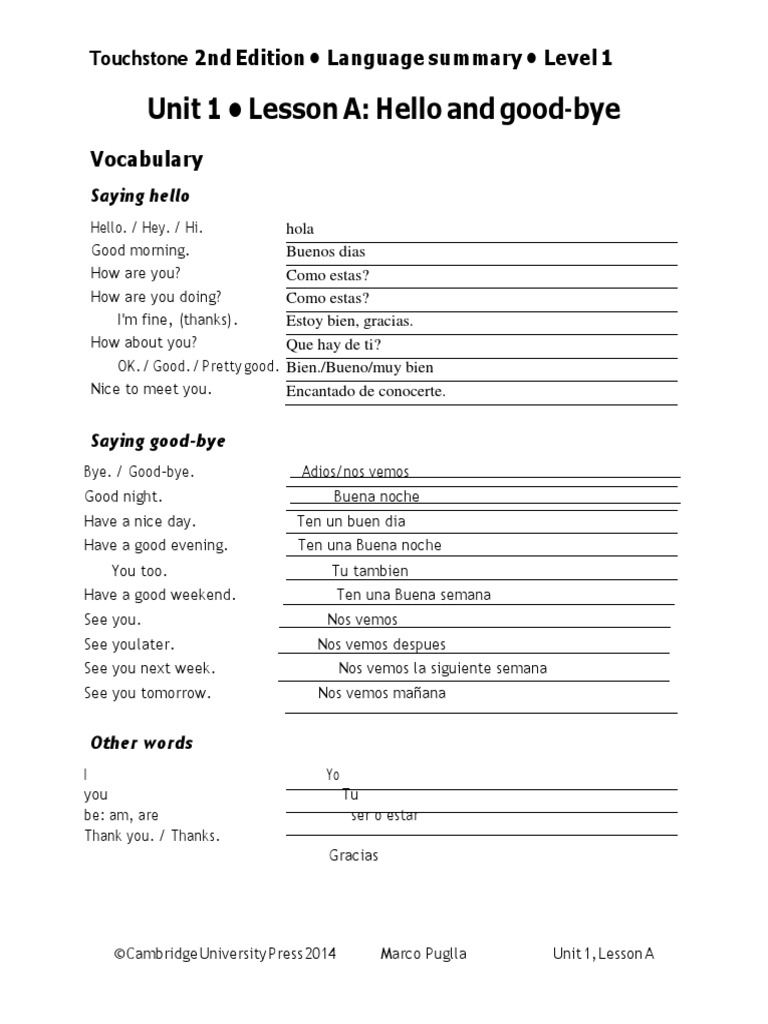 Unit 1 - Lesson A: Hello and Good-Bye: Touchstone 2nd Edition ...