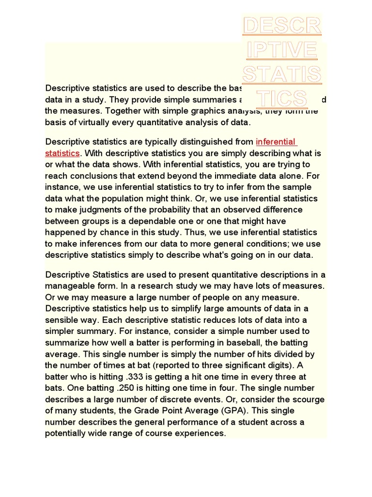 Descr Iptive Statis Tics: Inferential Statistics | PDF | Mode (Statistics) | Sampling (Statistics)