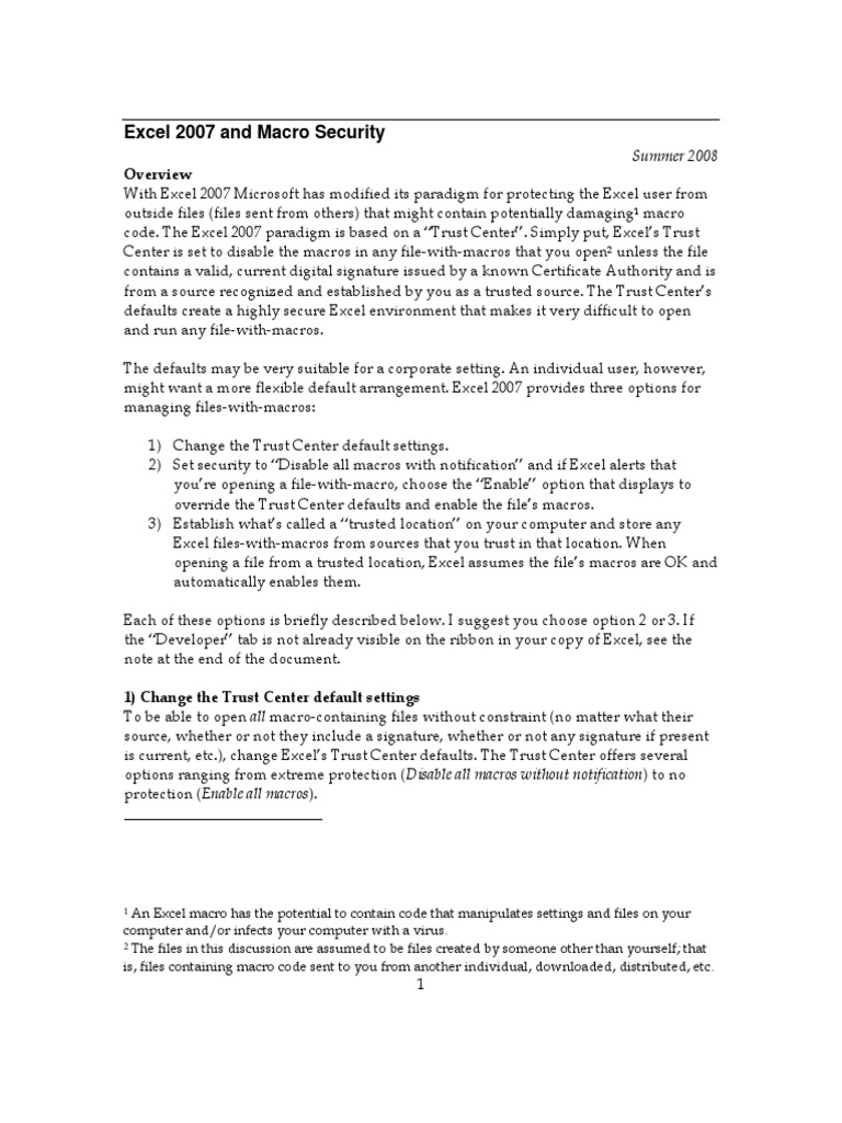 Excel 2007 And Macro Security Pdf Pdf Microsoft Excel Computer File