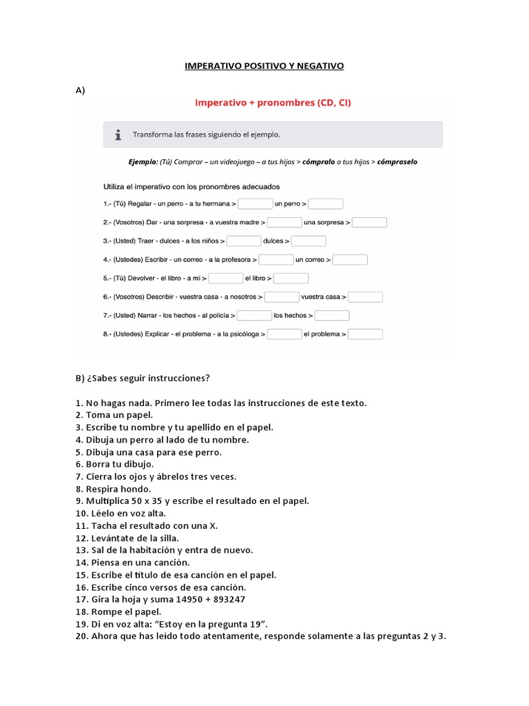 Ejercicios Imperativo Positivo y Negativo | PDF