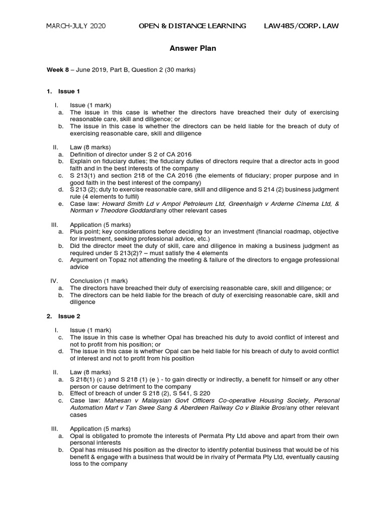 05 Answer Plan - Director Duties | PDF | Fiduciary | Duty Of Care