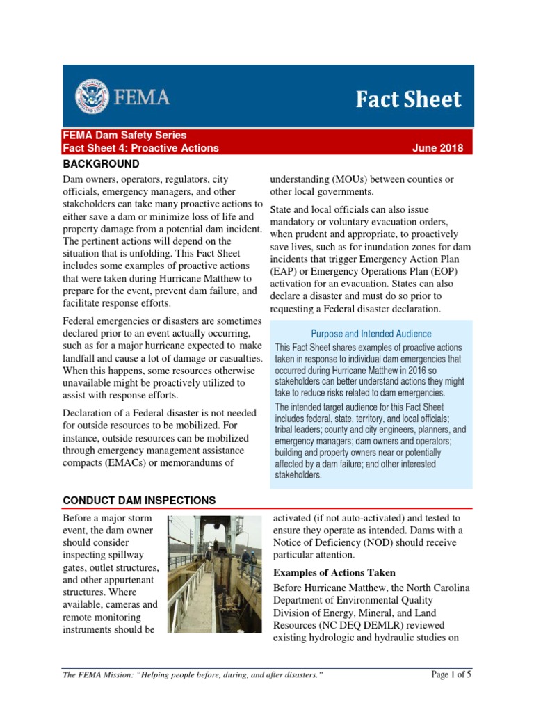 FEMA Dam Safety Series Fact Sheet 4: Proactive Actions June 2018 | PDF ...