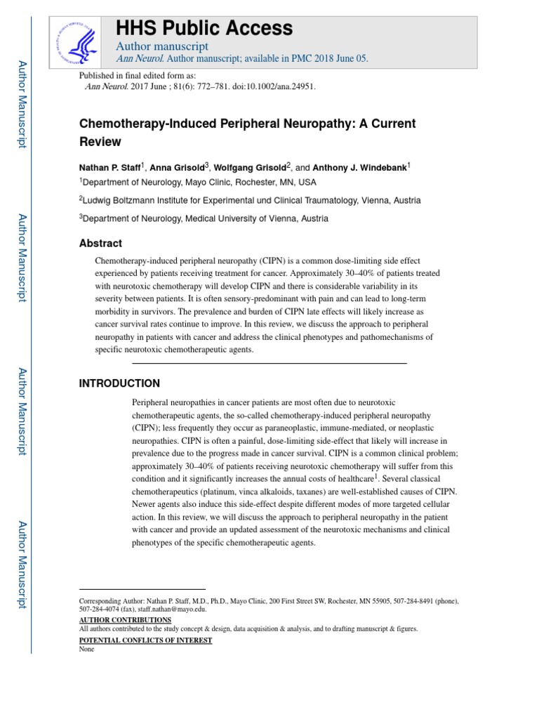 HHS Public Access: Chemotherapy-Induced Peripheral Neuropathy: A Current Review | PDF ...