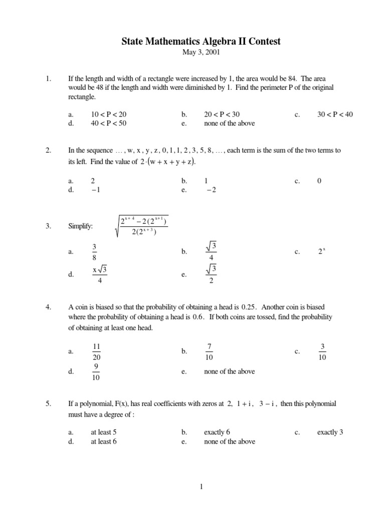 State Mathematics Algebra II Contest: K K, 8, 5, 3, 2, 1, 1, 0, Z, Y, X ...