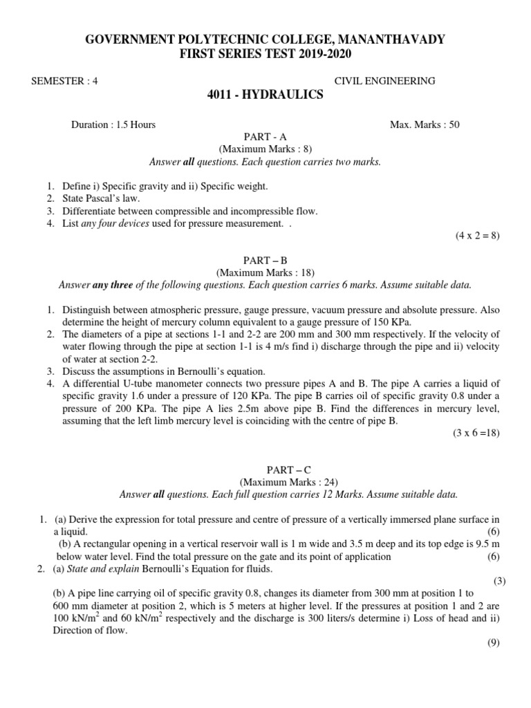 First Series HYDRAULICS Test | PDF | Pressure Measurement | Pressure