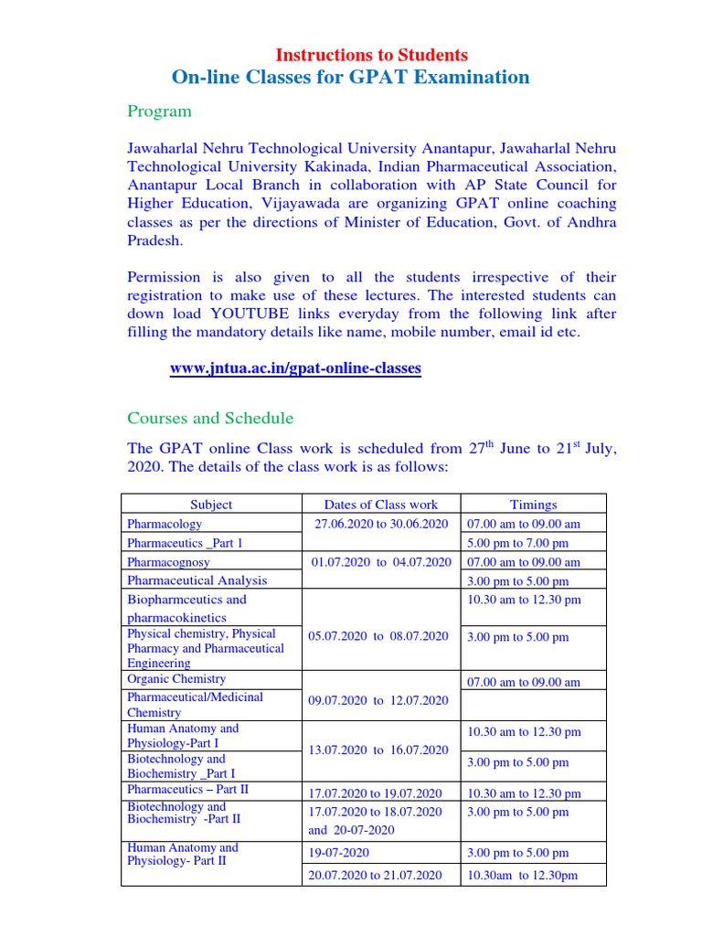 On-Line Classes For GPAT Examination: Program | PDF | Pharmacology ...