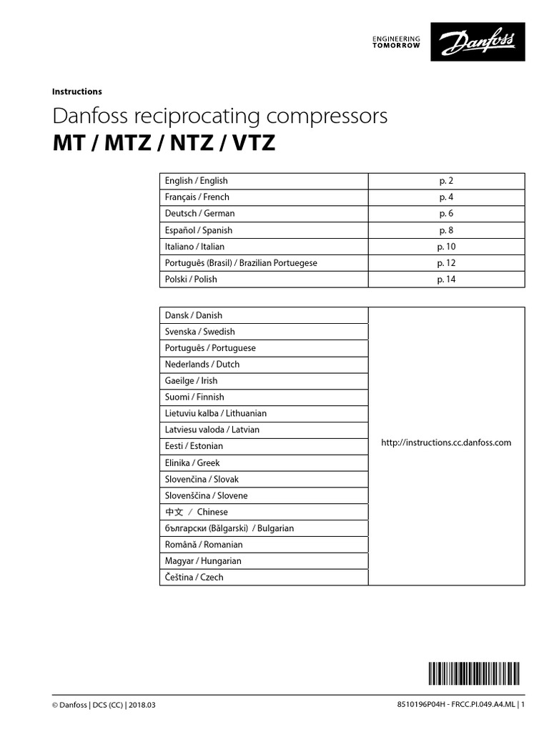 Danfoss Reciprocating Compressors: MT / MTZ / NTZ / VTZ | PDF | Pipe (Fluid Conveyance ...