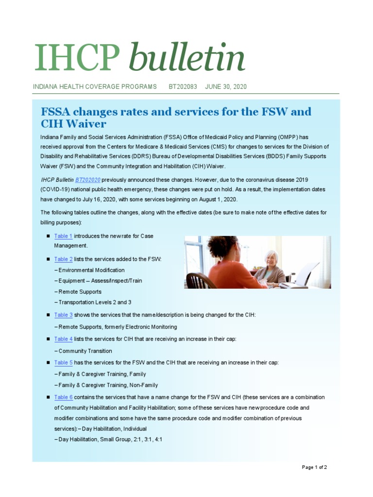 FSSA Changes Rates and Services For The FSW and CIH Waiver | PDF ...