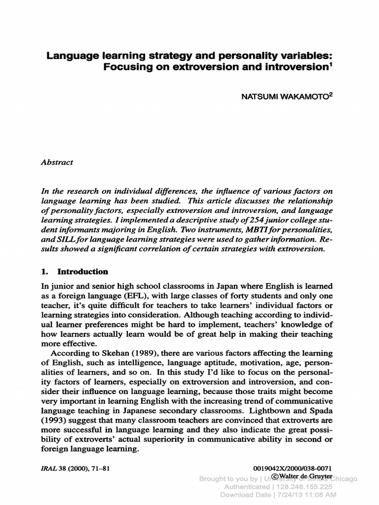 Iral 2000 38 1 71 PDF | PDF | Extraversion And Introversion | English As A Second Or Foreign ...