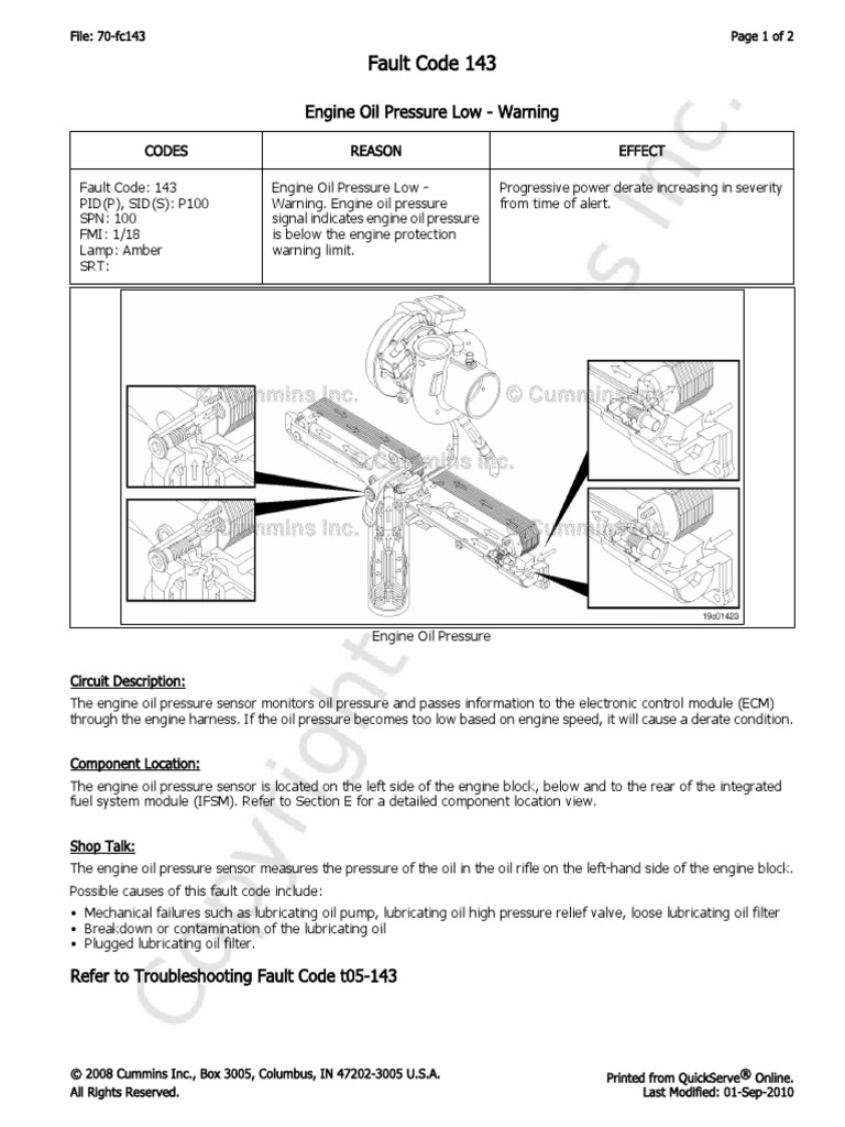 Fault Code 143: Engine Oil Pressure Low - Warning | PDF