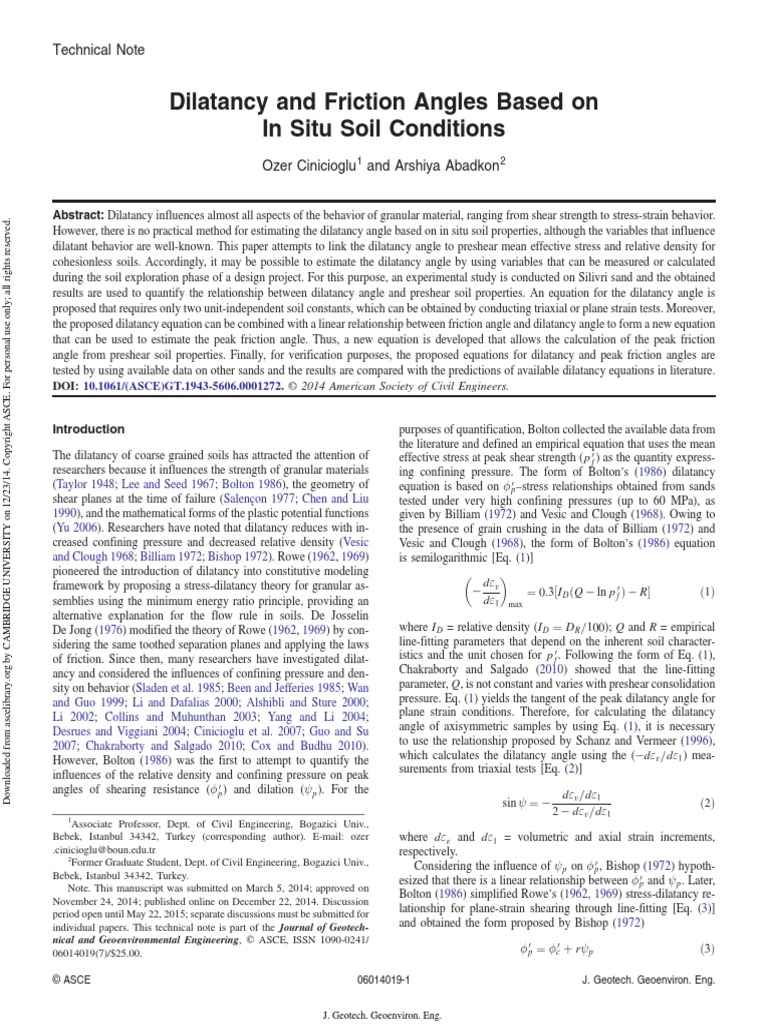 Dilatancy and Friction Angles Based On in Situ Soil Conditions | PDF ...