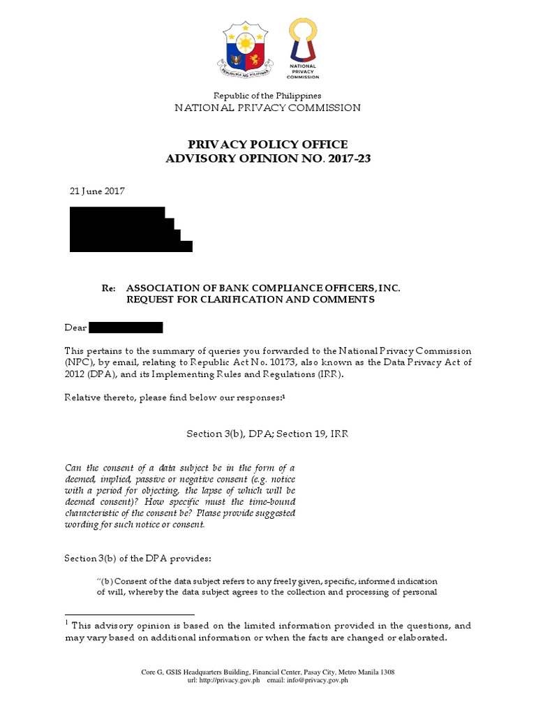 NPC AdvisoryOpinionNo. 2017-023 | PDF | Regulatory Compliance ...