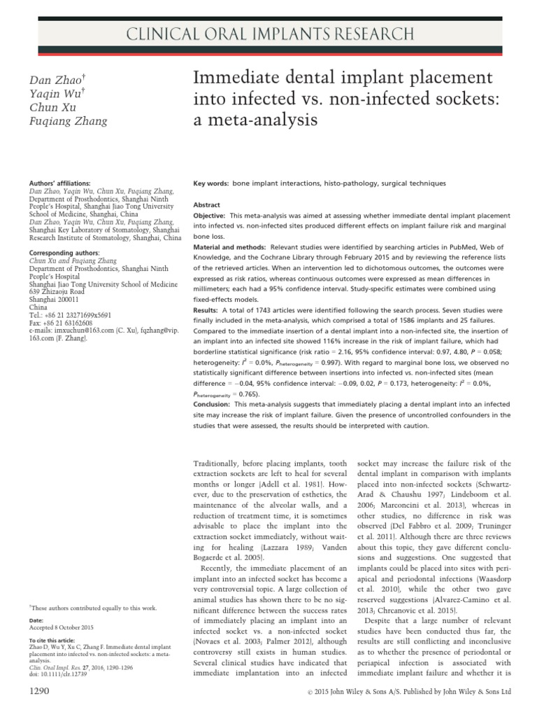 Immediate Dental Implant Placement Into Infected vs. Non-Infected Sockets: A Meta-Analysis | PDF ...