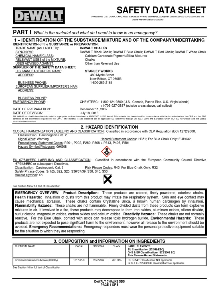 Dewalt Chalks SDS | PDF | Personal Protective Equipment | Oxide