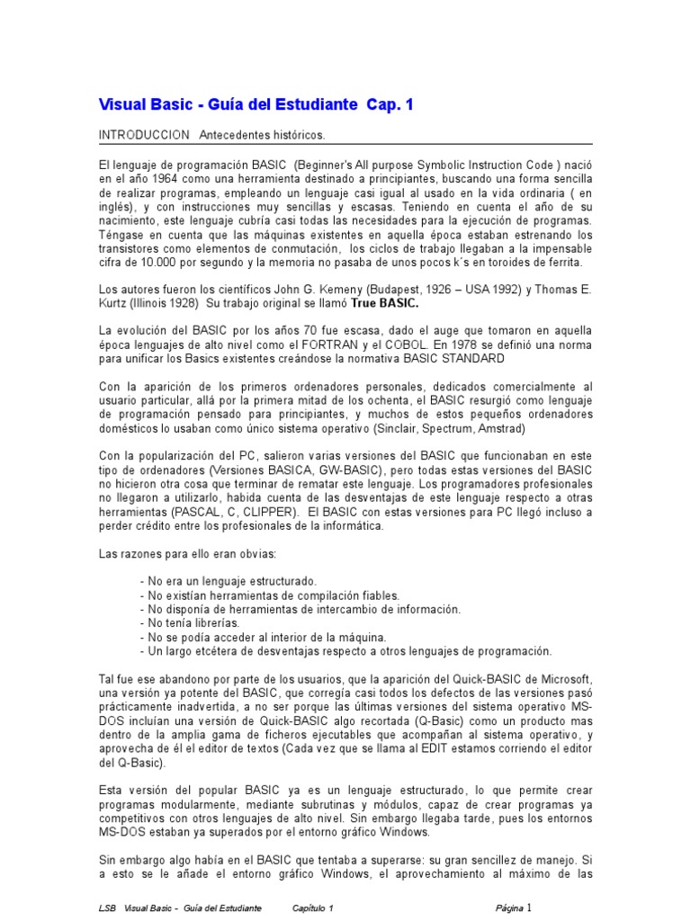 Capitulo 1 Visual Basic | PDF | Básico | Lenguaje de programación