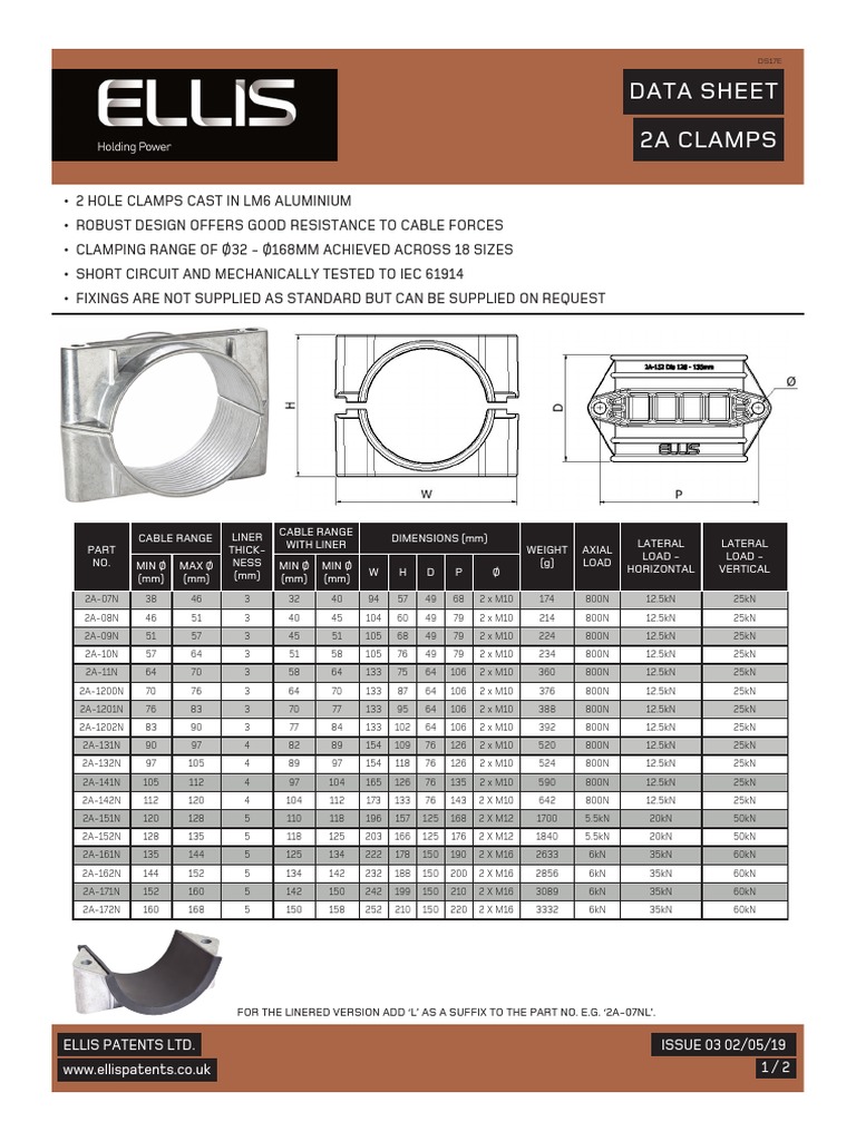 Specifications and dimensions for a range of 2-hole cable clamps for ...
