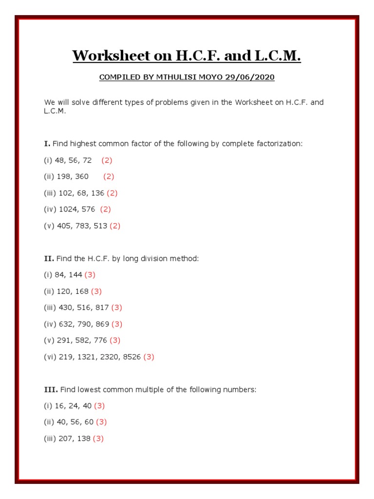 LCM and HCF Exercise PDF | PDF LCM and HCF Exercise PDF | PDF