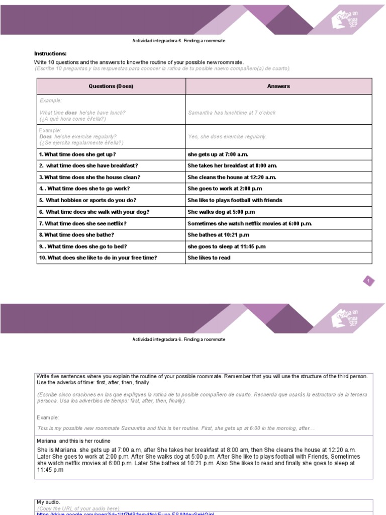 Write 10 Questions and The Answers To Know The Routine of Your Possible ...