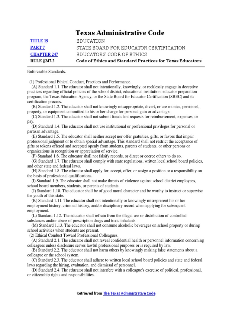 Code of Ethics and Standard Practices For Texas Educators | PDF ...