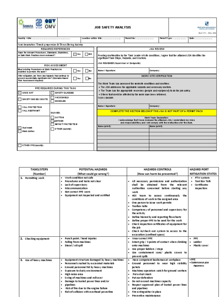 Job Safety Analysis: Trench Preparation & Thrust Boring Activity ...