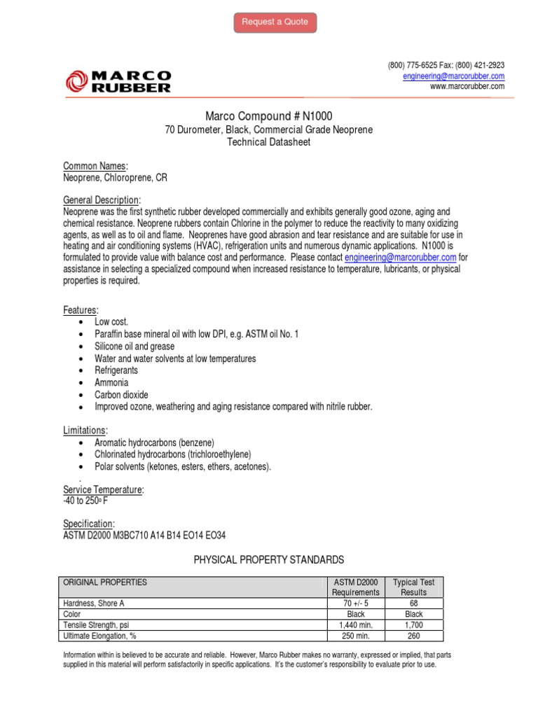 Marco N1000 Neoprene Technical Datasheet | PDF | Natural Rubber ...