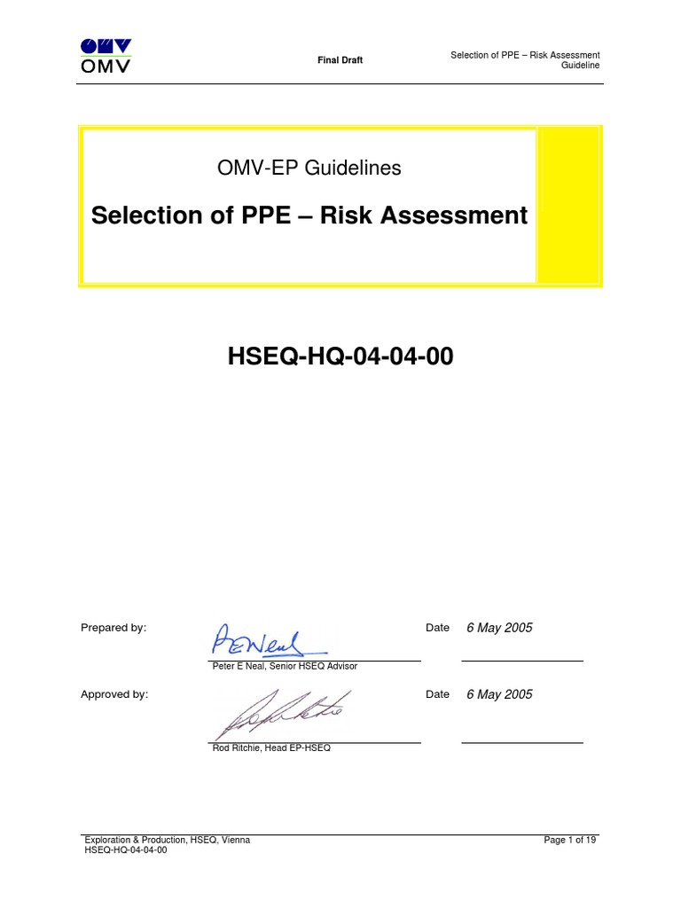 Selection of PPE - Risk Assessment: OMV-EP Guidelines | Download Free ...