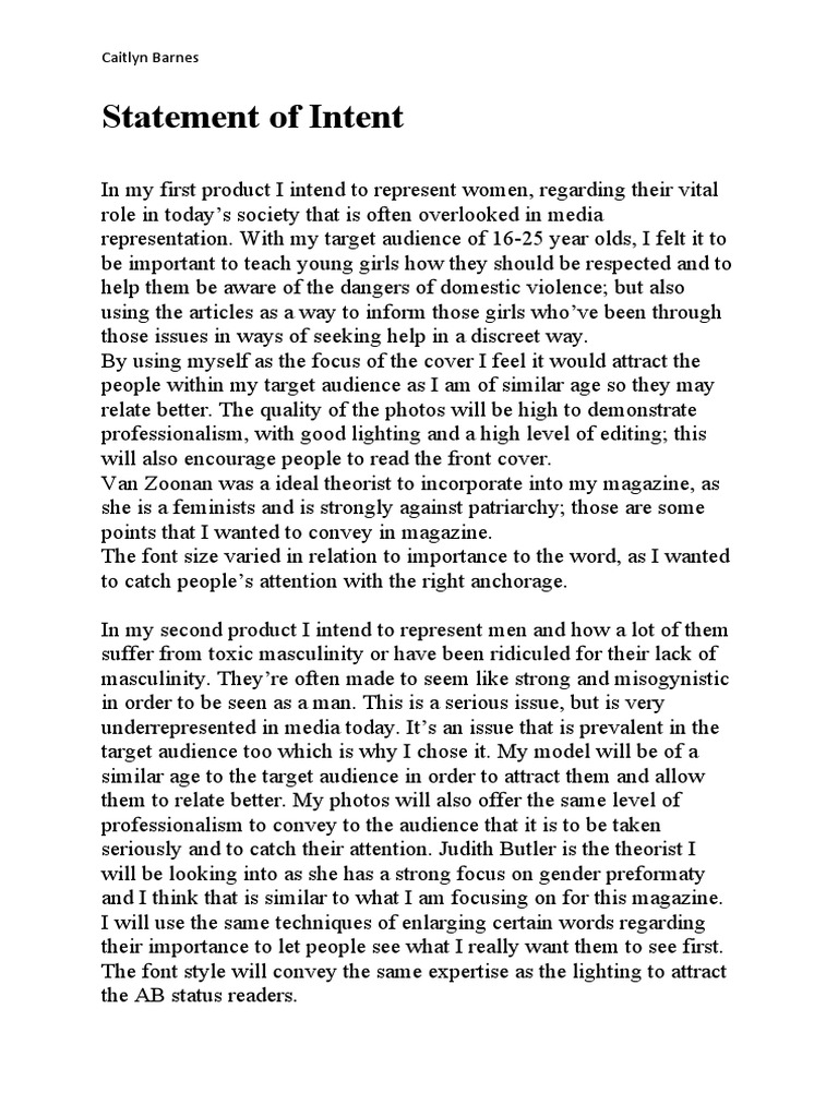 Statement of Intent | PDF | Masculinity | Social Media