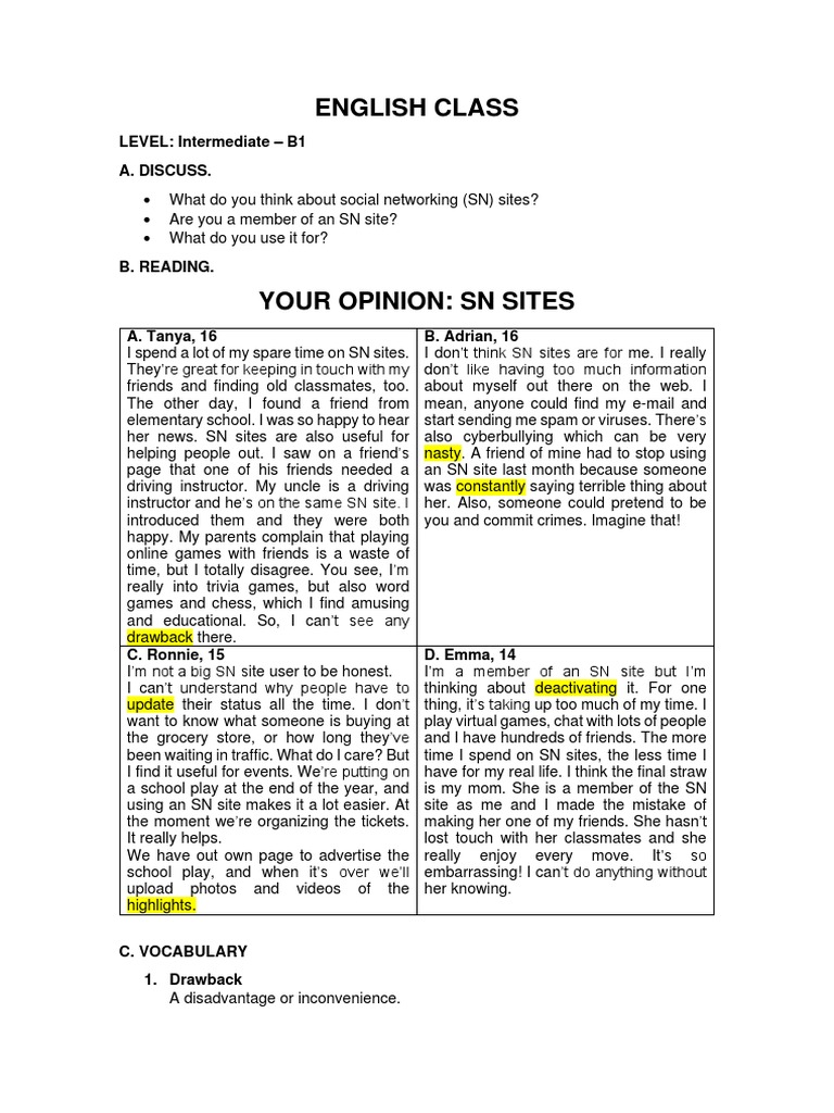 English Class: LEVEL: Intermediate - B1 A. Discuss | PDF | Computing ...